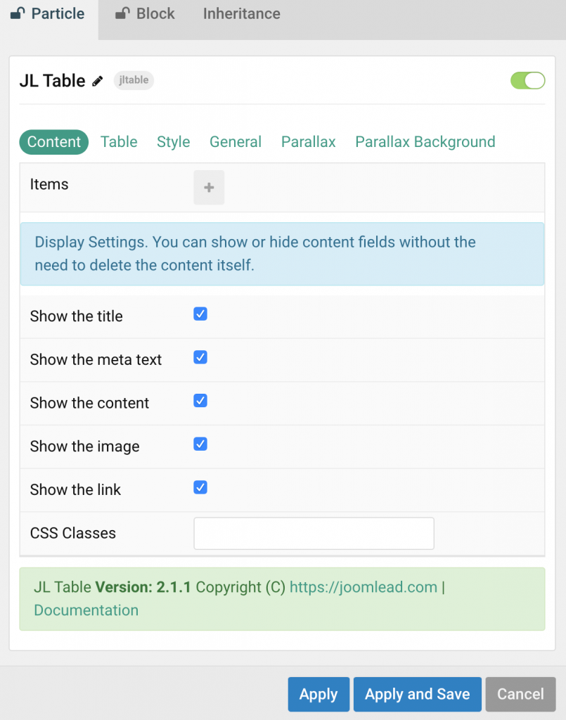 Table Particle Documentation - JoomLead
