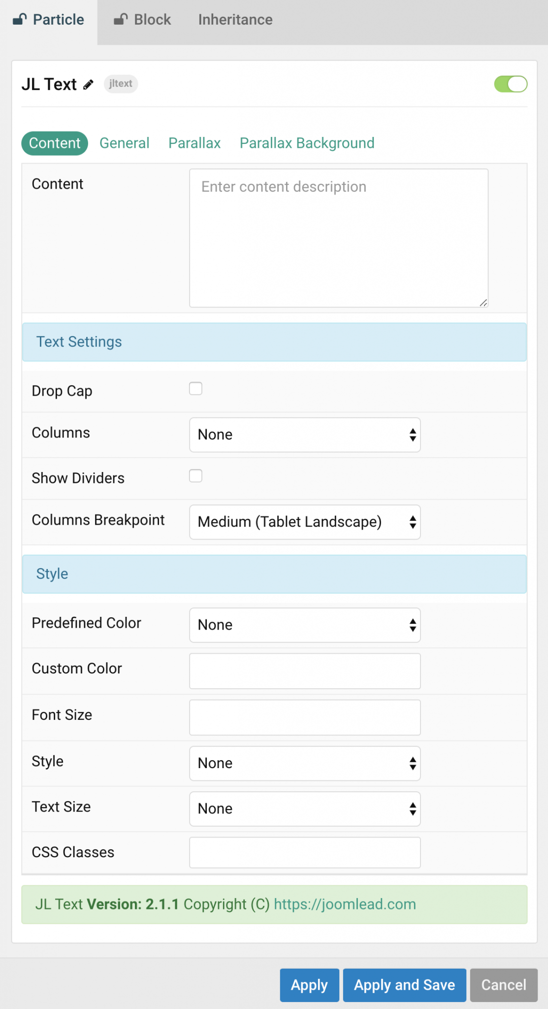 Text Particle Documentation - JoomLead